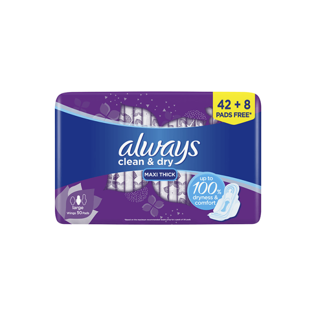 ALWAYS CLEAN & DRY LARGE WITH WINGS 50 PADS